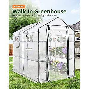 KING BIRD Upgraded 7 x 4.7 x 6.4 FT Walk-in Greenhouse for Outdoors, Thickened PE Cover & Heavy Duty Powder-Coated Steel, w/ Zippered Mesh Door & Screen Windows, 20 Sturdy Shelves for Garden, White