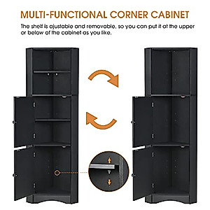 Lifeand Tall Bathroom Corner, Freestanding Doors and Adjustable Shelves, 61.02" H Triangle Storage Cabinet, Black