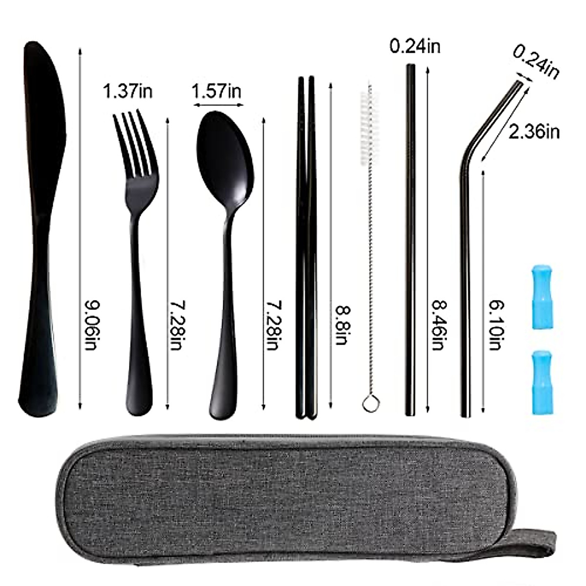 Travel Utensils Set with Case Reusable Portable Cutlery Set Stainless Steel 8pcs Including Dinner Knife Fork Spoon Chopsticks straws(Black)