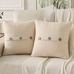 HAUSSY Beige Linen Decorative Throw Pillow Covers 20x20 Inch Set of 2,Square Cushion Case with 3 Vintage Buttons,Modern Farmhouse Home Decor for Couch,Bed