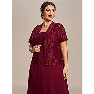 Ever-Pretty Plus Women's Curve Square Neck Lace Cardigan Chiffon Knee Length Plus Size Evening Dress Burgundy US22