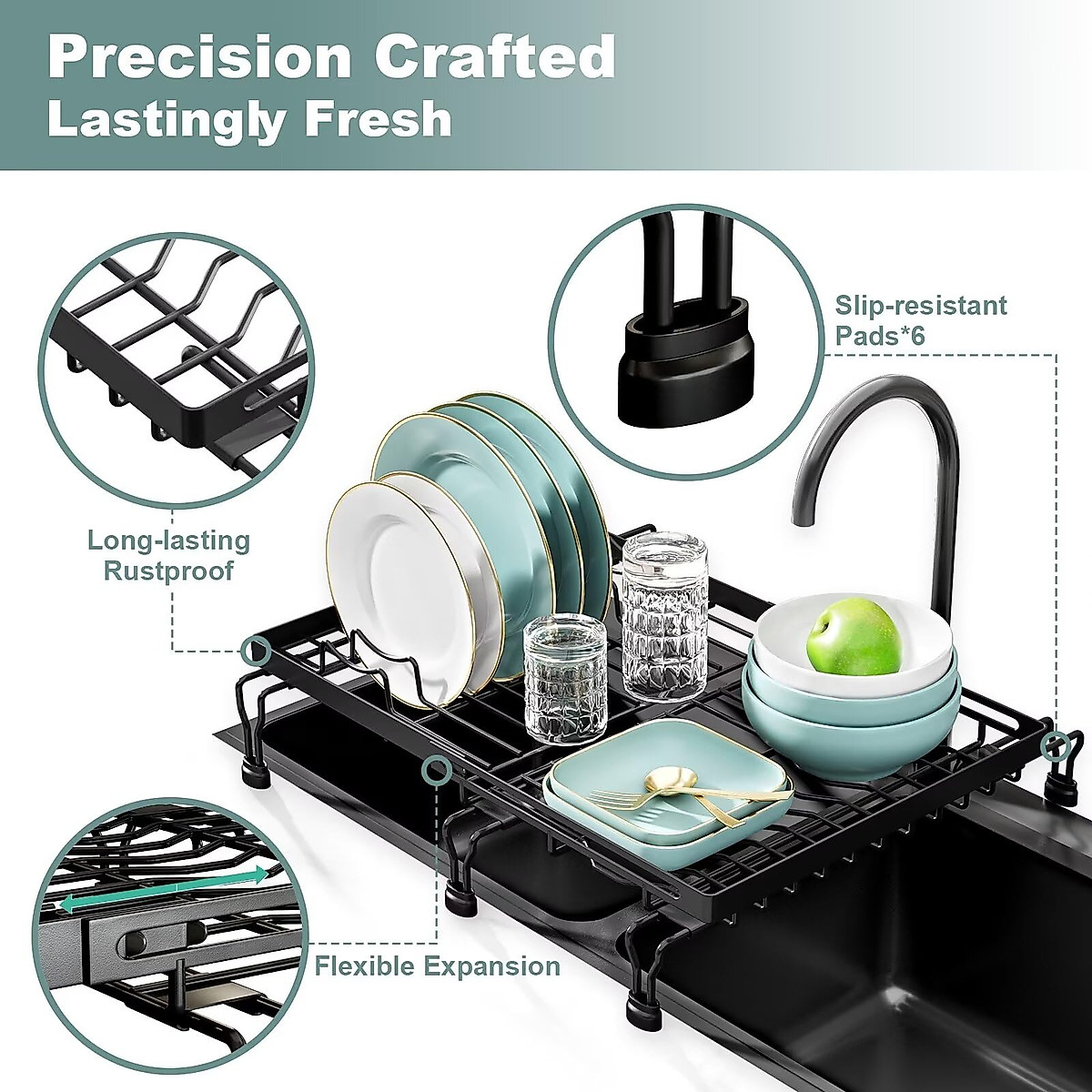 MOUKABAL Expandable Dish Drying Rack-Over Sink&Dish Drainer Holder for Kitchen Counter,Space-Saving Kitchen Organizer with Large Capacity,Matte Black, Stainless Steel