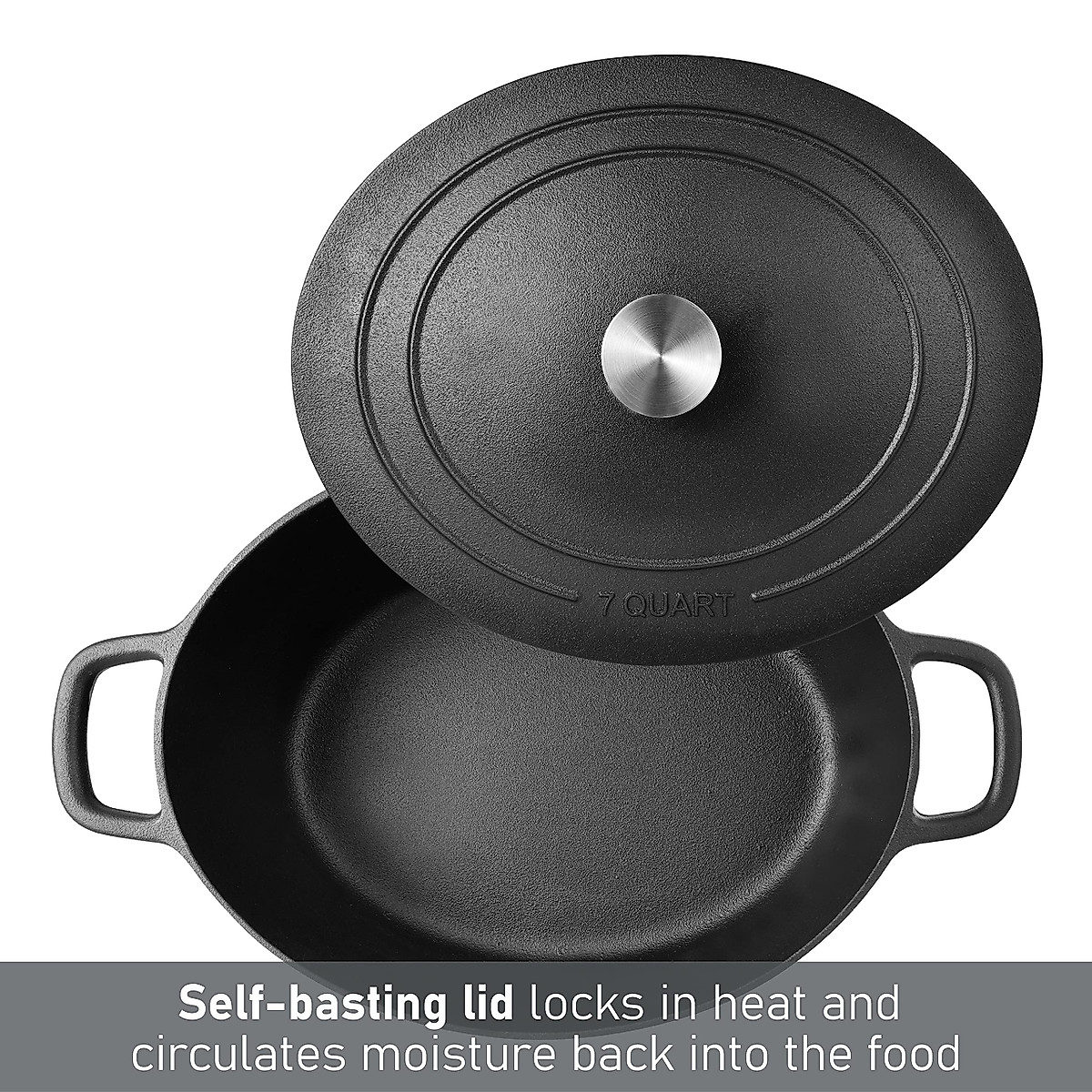 BBQ by MasterPRO - 7 Qt Pre Seasoned Cast Iron Oval Dutch Oven with Self Basting Lid and Stainless Steel Handle, 7 Quarts, Black