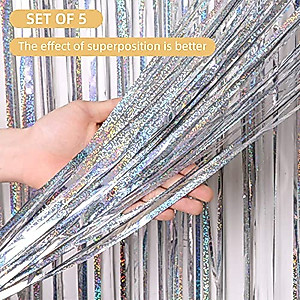 5 Pack Silver Fringe Curtain Backdrop 3.2ft x 8.2ft Metallic Tinsel Foil Fringe Streamers for Photo Booth Props Background Birthday Party Decorations Wedding Christmas Halloween Decorations (Silver)