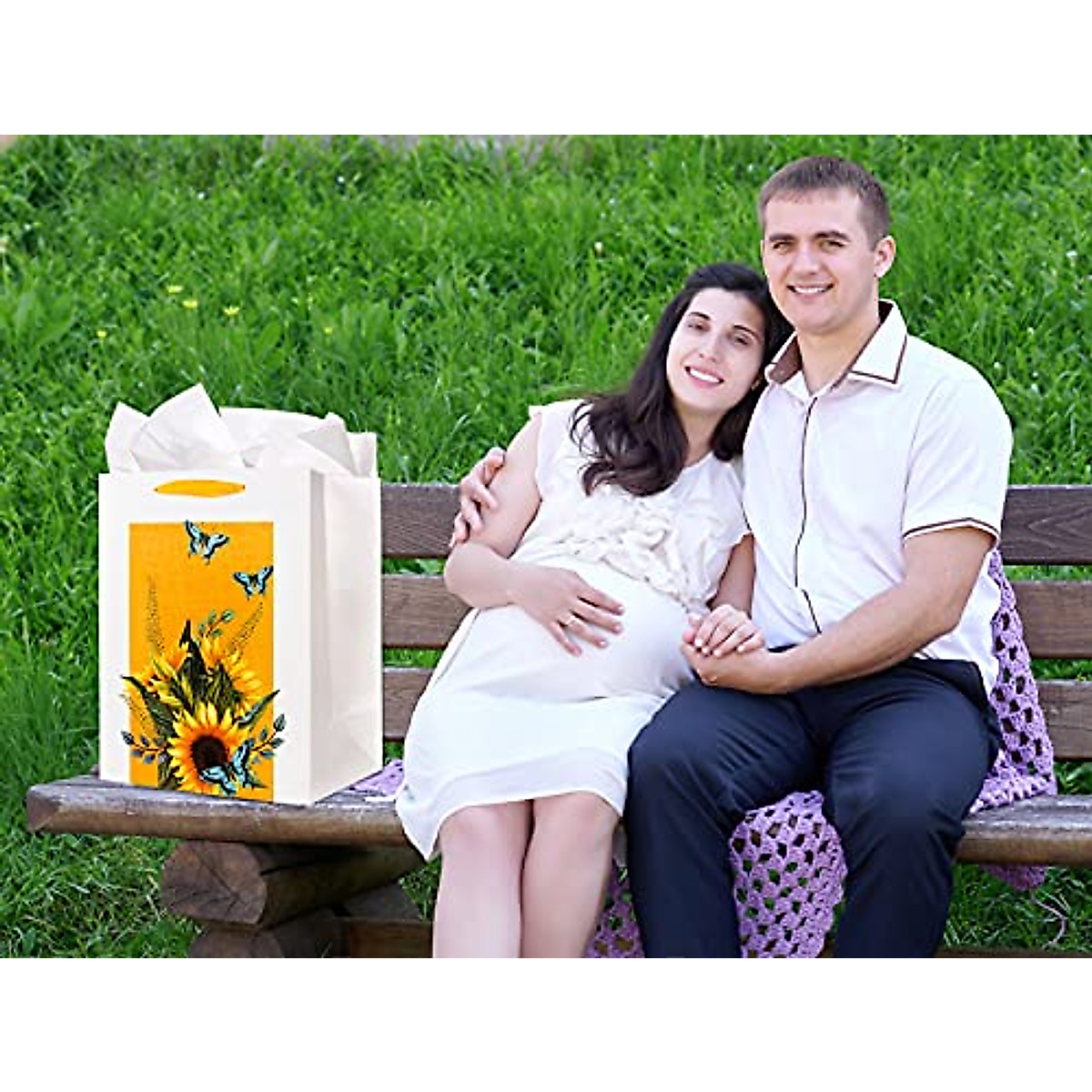 XJF 13in Large Sunflowers Gift Bag,Watercolor Flowers Gift Bag with Tissue Paper,Sunflowers Gift Bag for Birthdays,Mothers Day,Anniversary,Baby Shower,Bridal Shower,Yellow