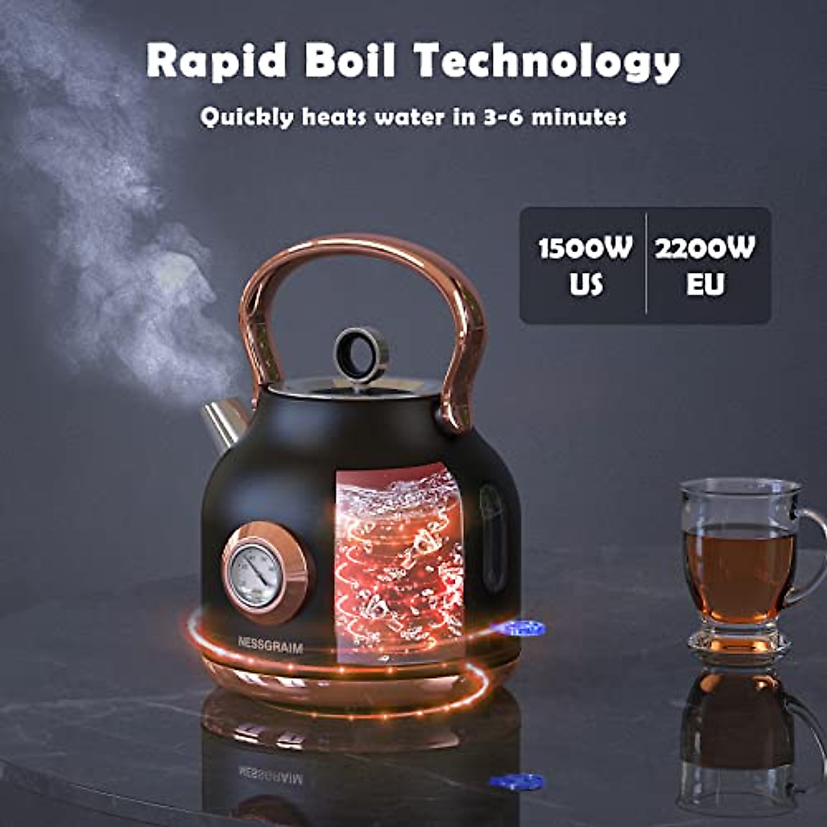 NESSGRAIM Retro Electric Kettle, 1.7L Stainless Steel Tea Kettle with Large Temperature Gauge, 1500W Fast Heating Hot Water Boiler with LED Indicator, Auto Shut-off & Boil-Dry Protection-Reteo Black