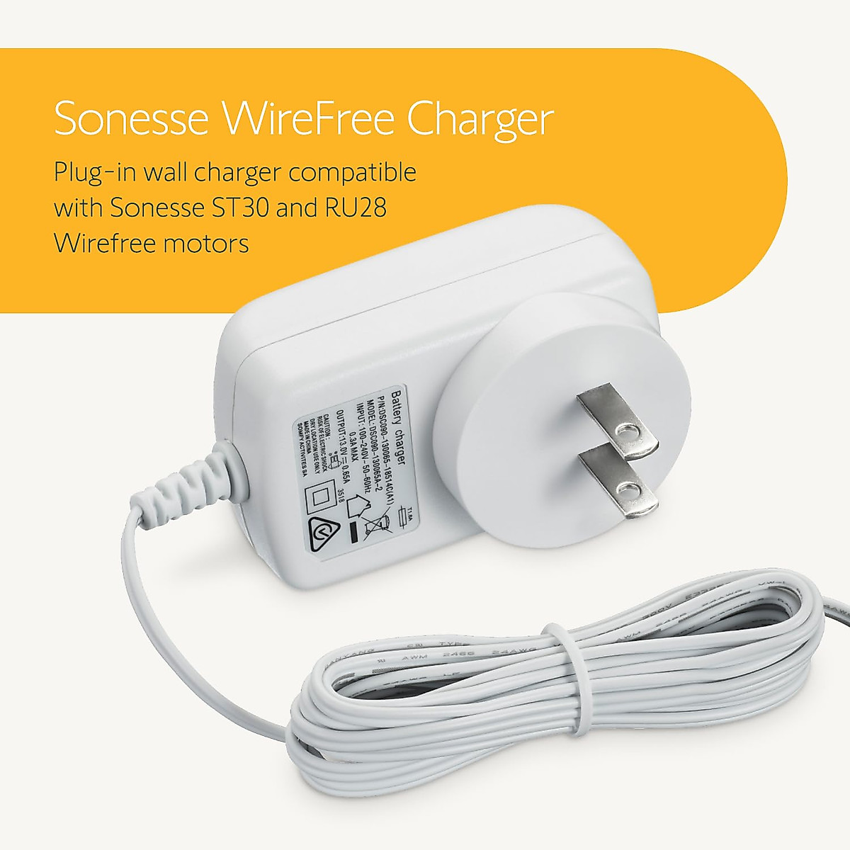 Somfy Sonesse Wirefree Plug-in Charger 9020672 - Compact & Efficient Lithium-Ion Battery Charger for ST30 & R28 Motors - 8-Hour Charge, 100-240V Input, 13.3V Output, Extended Reach Cable - #9020672