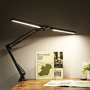 Neoglint Desk Lamps for Home Office Double Head - Modern Swing Arm Table Lamps with Clamp, 24W Large Bright Architect Desk Lights, 3 Color 10 Brightness & Memory Function Adjustable Task Lamp