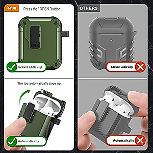 R-fun AirPods 2nd Generation & 1st Generation with Automatic Secure Lock Clip, Hard Shell Full-Body Protective for Women Men with Apple AirPods Wireless Charging Case,Front LED Visible-Black Green