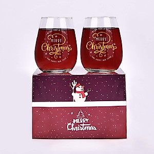 Merry Christmas Stemless Wine Glasses 15 Oz Funny Wine Glasses for Women Friends Men, Unique Glass Set Idea for Christmas, Set of 2
