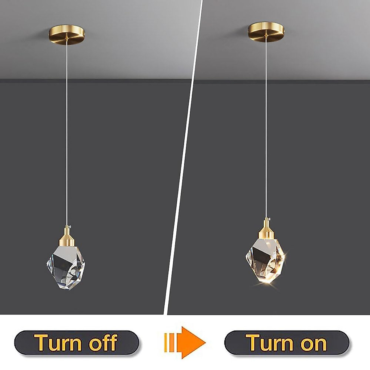 MOKLMD Gold Color Crystal Personality Shape Pendant Lamp.Chandelier Crystal Shade with Metal Head and Light Transmission.70.9in Adjustable Rope Hanging Lamp.for Bedroom, Dining Room Droplight