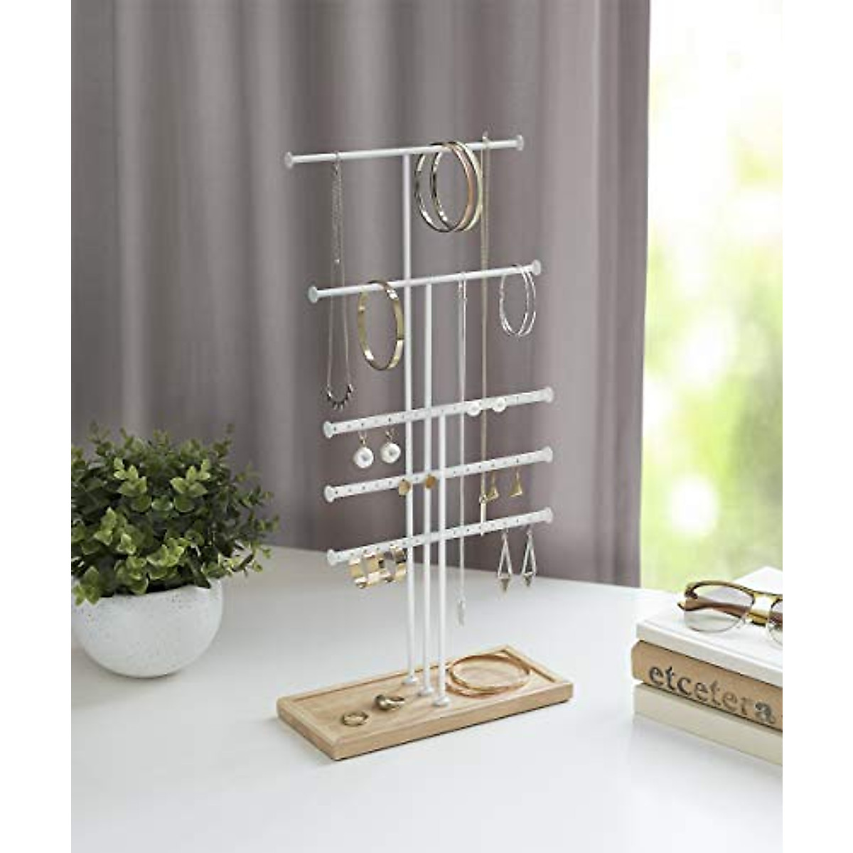 Umbra Trigem Tiered Tabletop Jewelry Organizer Freestanding Hanging Necklace, Earring and Bracelet Display, 5, White Natural