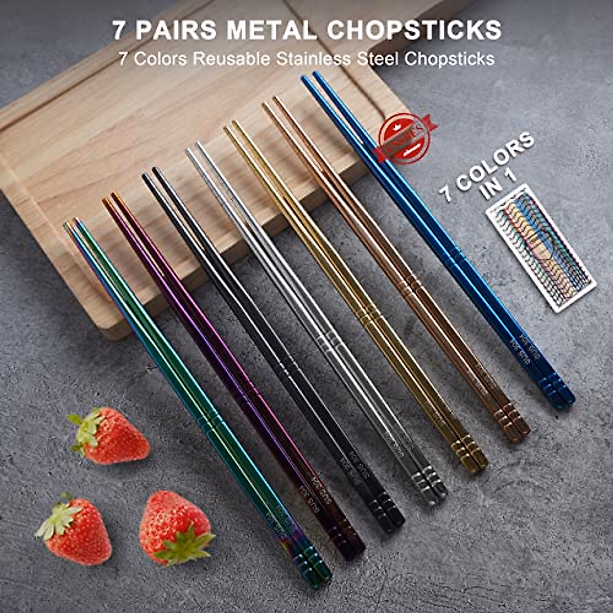 ESSBES 7 Pairs Metal Chopsticks, 7 Colors Reusable Stainless Steel Chopsticks, 13 Rings Pattern Non-slip Dishwasher Safe Chop Sticks, Square Lightweight Chopsticks, 8.9 Inches
