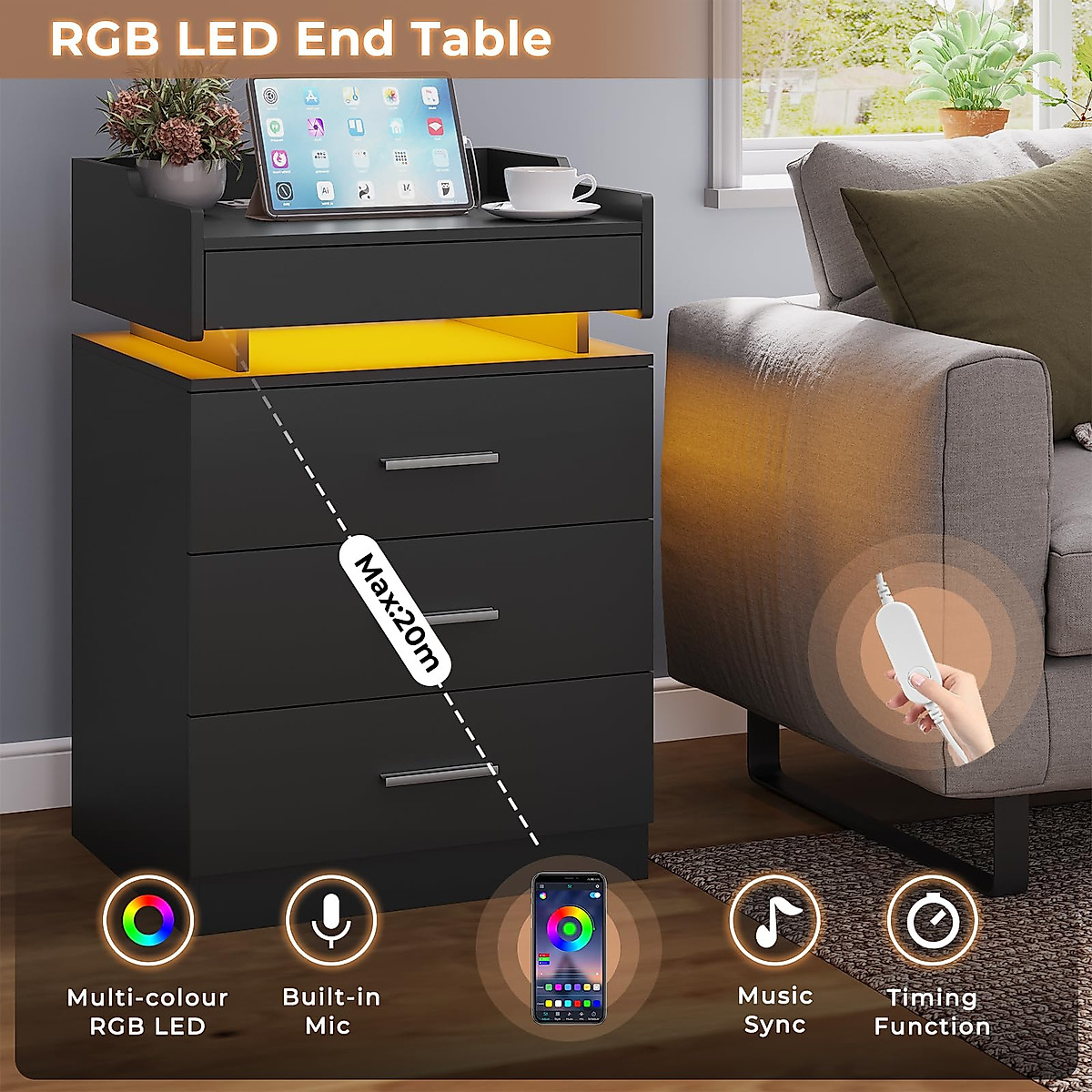 HAUOMS Black Nightstand Set of 2,LED Night Stand with Charging Station & Pull-Out Tray,Bedside Table with Drawers,Modern End Table Side Table Storage Cabniet