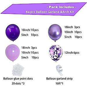 Purple Balloons Garland Arch Kit, Metallic Purple Balloons Arch 18'' 12'' 10'' 5'', Purple Confetti Balloons for Birthday Baby Shower Wedding Graduation Party Decorations for Women Girls Birthday