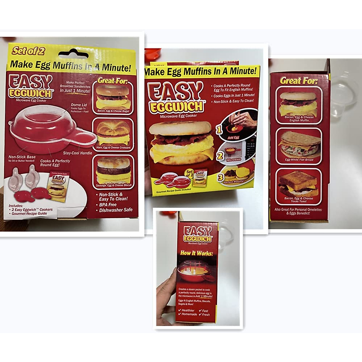 Microwave Egg Cooker, Nonstick Easy Eggwish, Egg Poacher for Breakfast Cheese Hamburg Sandwich Pancake Omelet Egg Patty, Pod & Muffins - As Seen On TV - 2 set in a box, Red & Clear
