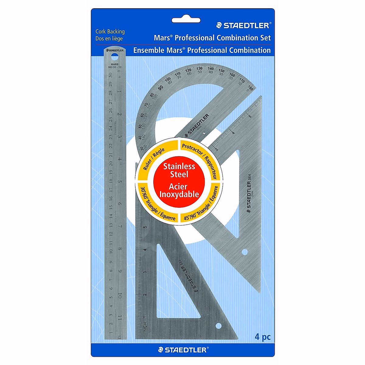Staedtler Stainless Steel Math Set with Ruler, 2 Triangles, Protractor, 4 piece, 566 32BK
