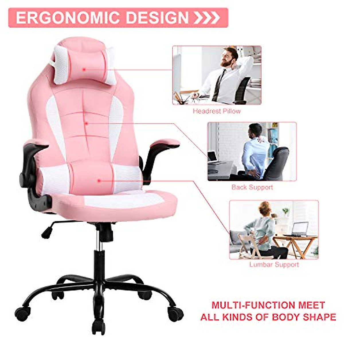 Gaming Chair Pink Meet Perfect Ergonomic Office Chair Desk Chair Leather Computer Chair Lumbar Support and Head Pillow Modern Executive Chair Adjustable Rolling Swivel Task Chair for Girls Women Teens