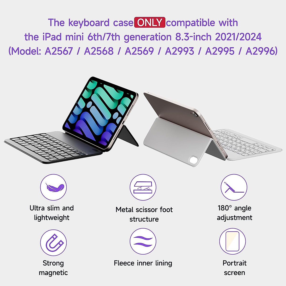 HOU Keyboard Case for iPad Mini 7th (A17 Pro, 2024) & 6th (2021) 8.3-inch, Ultra Slim Folio Type of Keyboard, Power Display, Magnetic Protective Cover Support iPad Mini 6/7