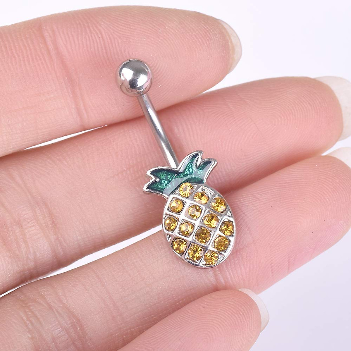 COLORFUL BLING 316L Stainless Steel Fruit Pineapple Navel Rings Crystal Belly Button Rings Body Piercings Jewelry-short