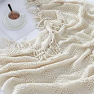 jinchan Knit Throw Blanket Ivory Soft Couch Throw Blanket with Tassels Spring Bed Throw Blanket Indoor Outdoor Travel Warm Coverlet for Sofa Comforter Living Room Decor Nursery Gift 50 x 60 inch