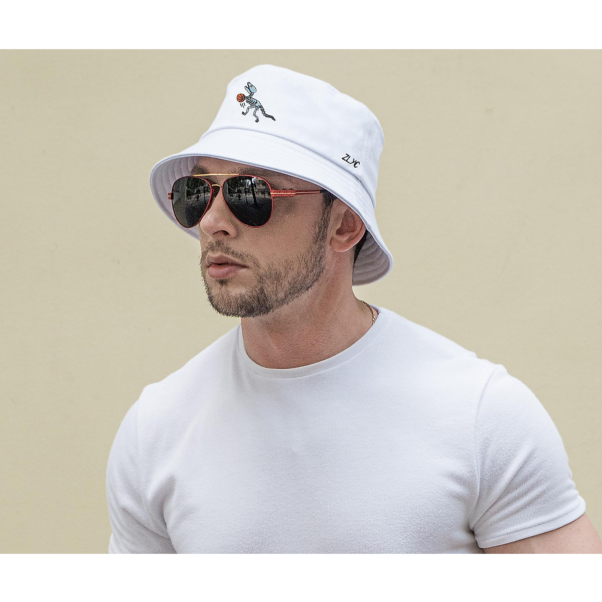 ZLYC Unisex Fashion Embroidered Bucket Hat Summer Fisherman Cap for Men Women Teens (Dinosaur Skeleton White)