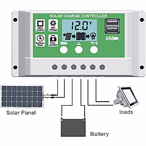 POWLSOJX 30A PWM 12V 24V Solar Charge Controllers with Multi-Protection & 5V USB Output Solar Panel Charger for Lead-Acid and Lithium Batteries