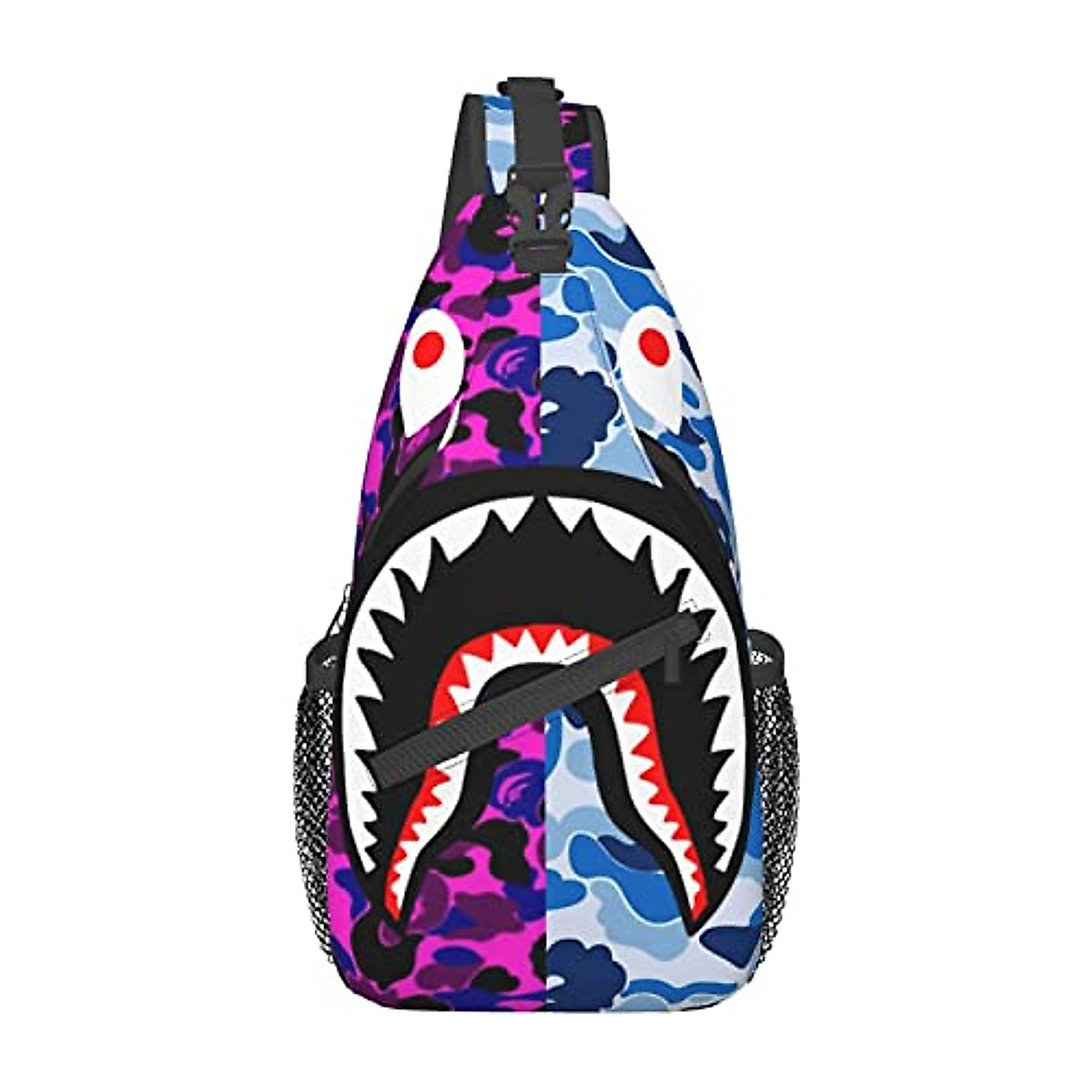 Besbapes Cute Shoulder Backpack, Backpacking, Red And Blue Camo Shark Teeth Art Crossbody Rucksack, Tote Bags, Gym Crossbody Sack Satchel Outdoor Hiking Bag for Man Women Lady Girl