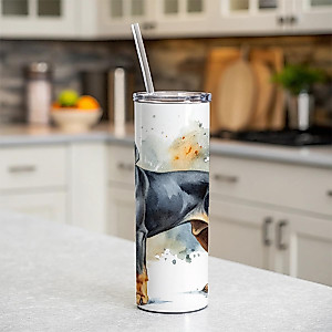 Black And Tan Coonhound Dog Watercolor Style Skinny Tumbler 20oz with Straw Insulated Water Bottle Gift