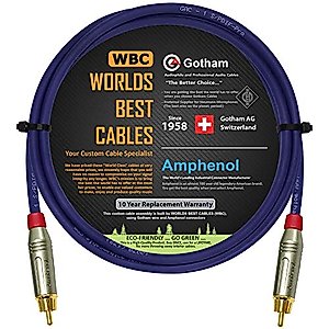 WORLDS BEST CABLES 4 Foot SPDIF Cable – Gotham GAC-1 S/PDIF-Pro (Ultrablue) High-End Silver Plated LCOFC Digital Audio Interconnect Cable & Amphenol ACPR-SRD Gold RCA Plugs - CUSTOM MADE