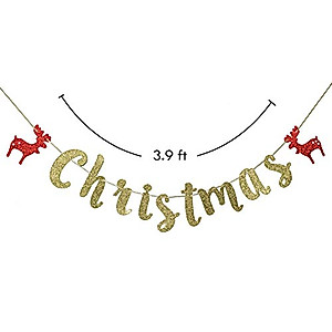 Merry Christmas Glitter Gold Burlap, Reindeer Banner, Christmas Party Favors (Gold)