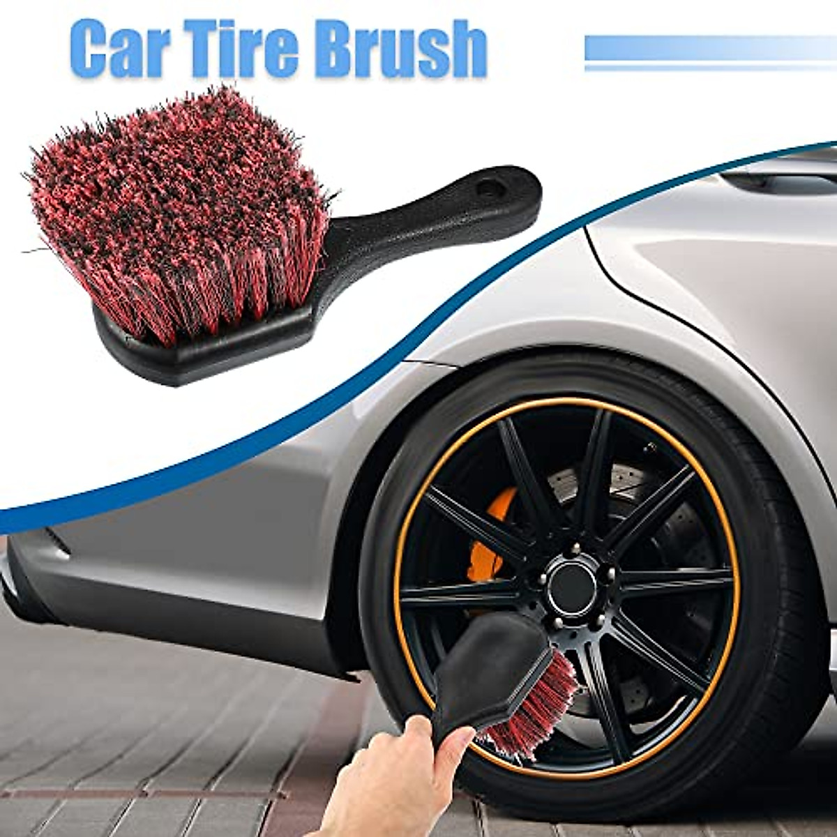 X AUTOHAUX Short Handle Wheel Tire Brush Soft Bristle Car Wash Brush for Car Tire Cleaning Dirt Road Grime Black Red