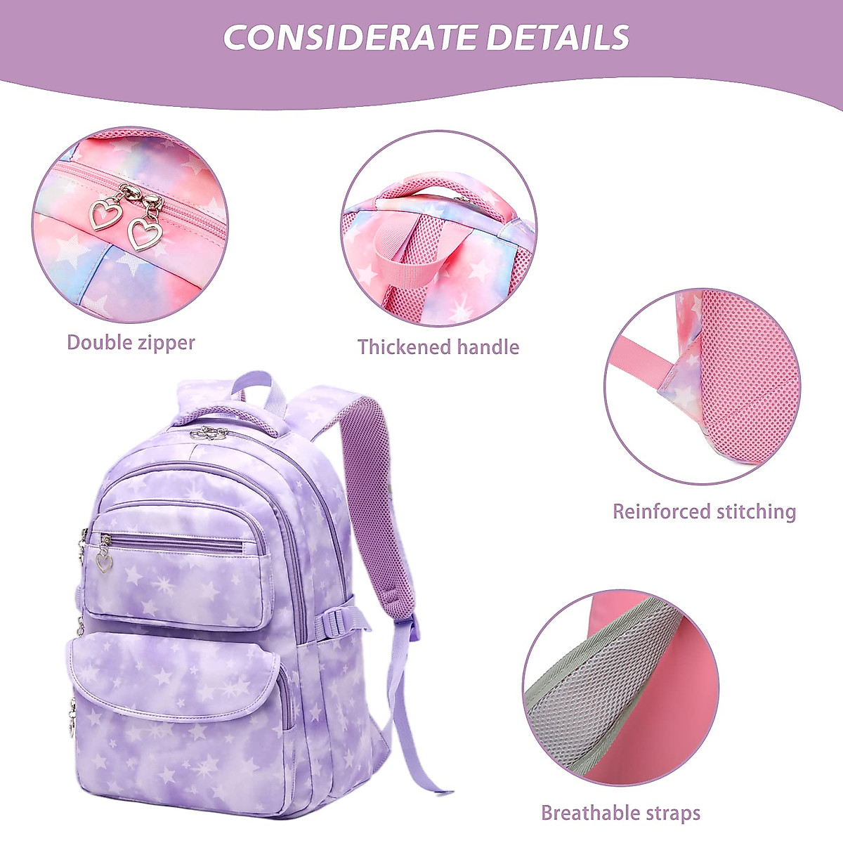 Tanou Backpacks for Girls 3PCs with Lunch Bag Pen Case, Lightweight Breathable Teens Girl Bookbags Sets for Primary Middle School, 22 Liters Cute Back Pack for Teenager 4+ Years, Purple Star