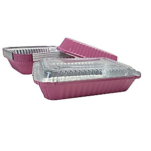 KitchenDance Colored Shallow Take Out Pans with Plastic lid - 1.5 Pounds Food Storage Aluminum Foil Baking Pan - Aluminum Pans Perfect for Cooking, Freezing, Preparing Food, 6417P (Pink, 50)