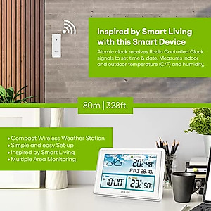 BALDR Home Weather Station & Indoor Outdoor Thermometer with Wireless Remote Sensor, Atomic Alarm Clock, Calendar, Humidity Monitor,& Weather Forecast & Digital Weather Station in LCD Display (White)