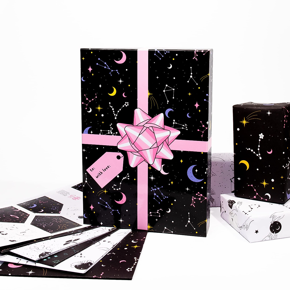 CENTRAL 23 Wrapping Paper Jumbo Set (x20 Sheets) - Starsigns - Zodiac - For Women - Girls - Black White Monochrome - Space Gift Wrap for Boys - Horoscope - With Gift Box & Lid