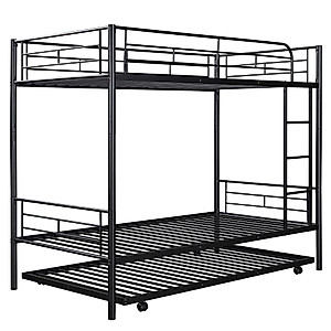 Heavy Duty Metal Bunk Bed Twin Over Twin Bunk Bed with Trundle Bed, Kids Bunk Bed with Ladder and Guardrails, Twin Bunk Beds for Kids, Boys, Girls, Teens, Black Bunk Bed Twin Size