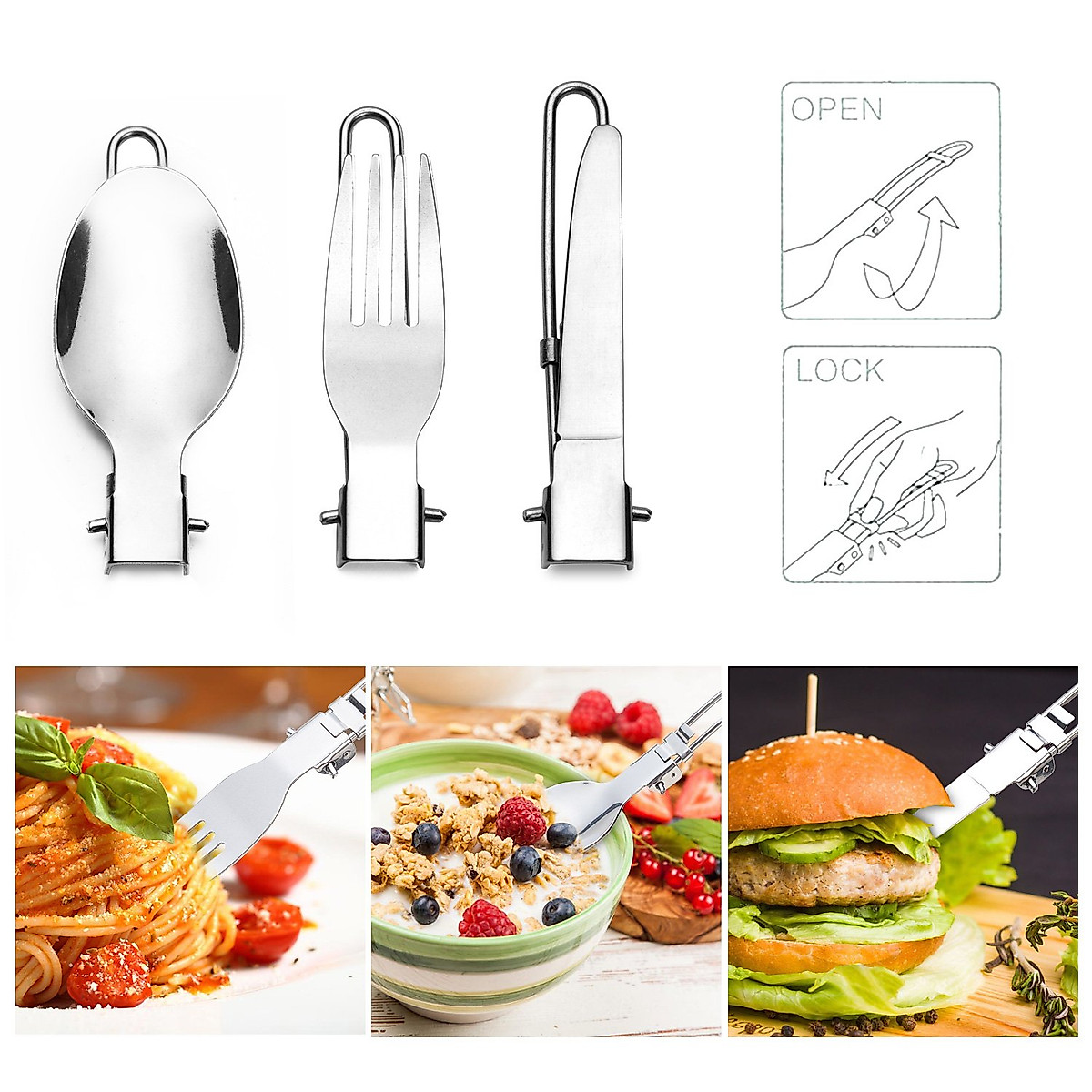 Odoland Camping Cookware Stove Carabiner Canister Stand Tripod and Stainless Steel Cup, Tank Bracket, Fork Spoon Kit for Backpacking, Outdoor Camping Hiking and Picnic,Green