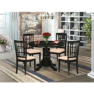 East West Furniture SHNI5-BLK-C 5 Piece Modern Dining Table Set Includes a Round Kitchen Table with Pedestal and 4 Linen Fabric Kitchen Dining Chairs, 42x42 Inch, Black