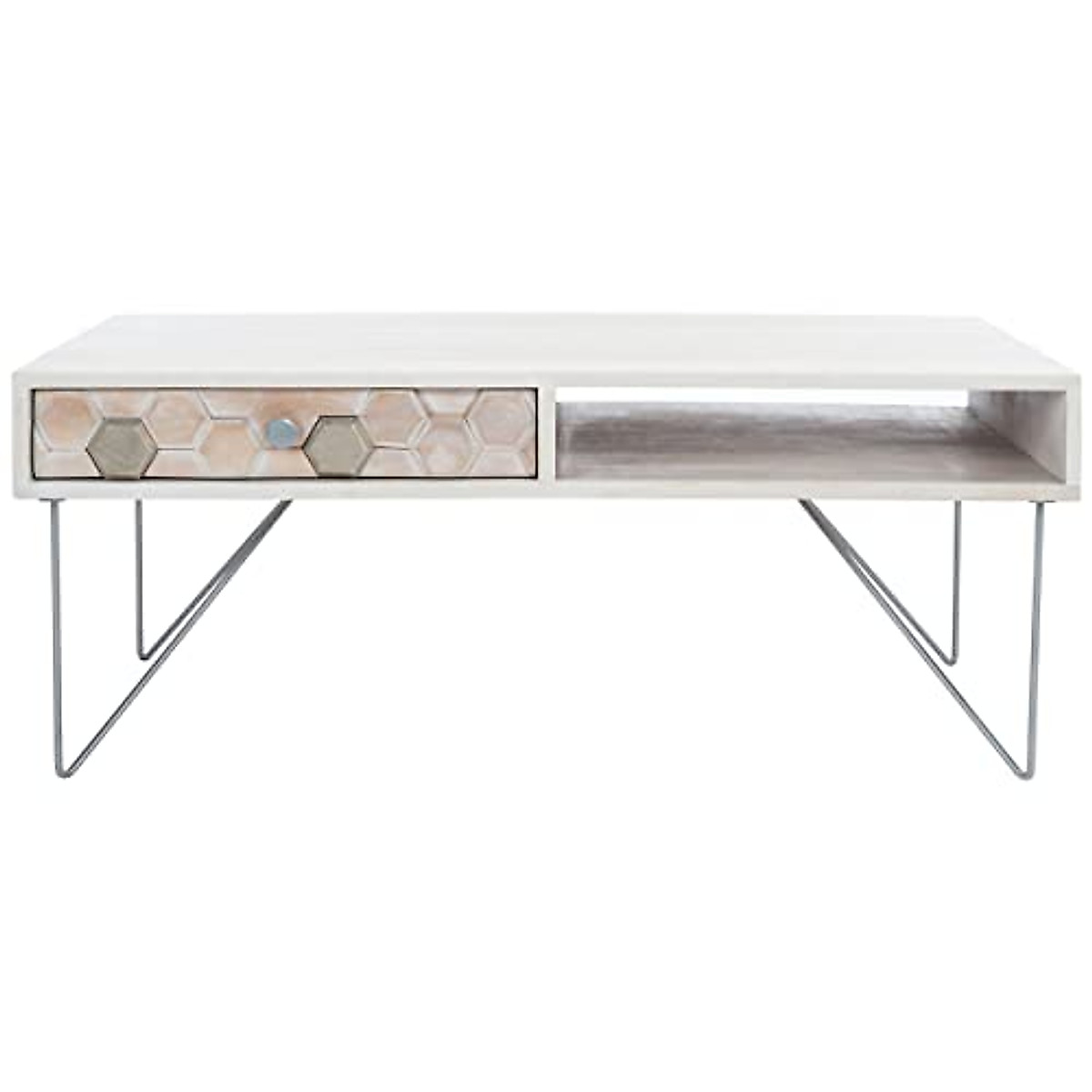 Safavieh Home Collection Raveena Mid-Century White Wash and Silver Hairpin Leg Coffee Table, 0