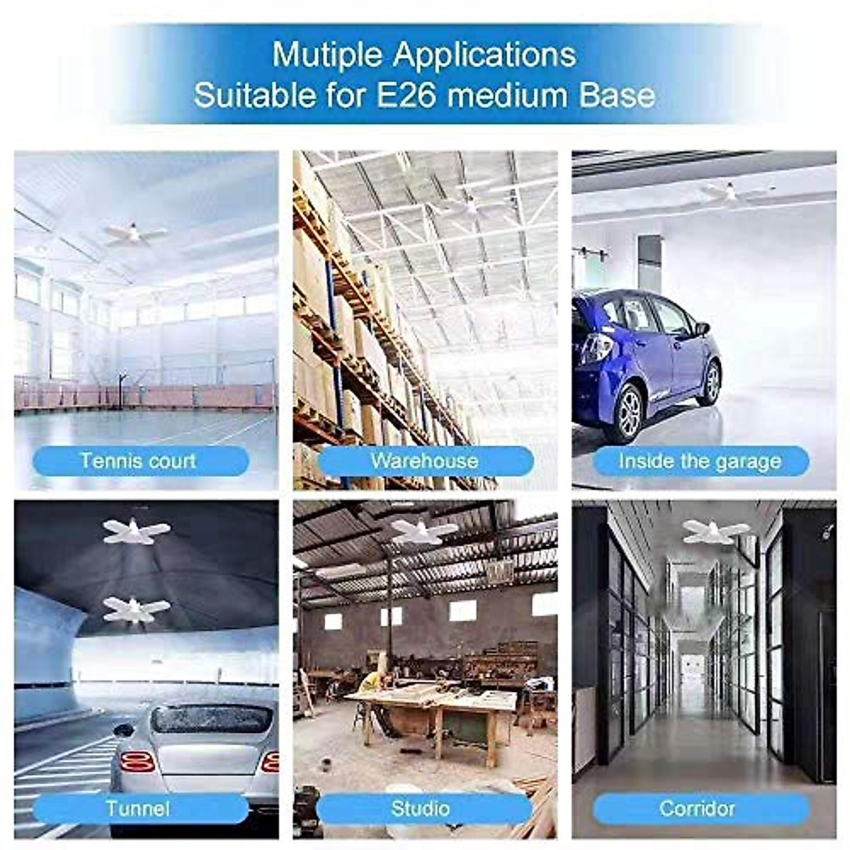 (4 Pack) LED Garage Lights, 60W Trilights Ceiling, High Low Bay Deformable Adjustable 4 Led Light Bulbs 6000LM 6000K, Screw in Tribright Garage Lighting Fixture,CRI80 Daylight