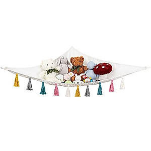 Mkono Stuffed Animal Toy Hammock Hanging Macrame Stuff Animals Organizer Storage with Colorful Tassels Boho Large Corner Plush Toys Net Holder for Nursery Play Room Bedroom Kid Room, Large, White