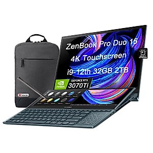 ASUS ZenBook Pro Duo 15 UX582 15.6" 4K OLED Touchscreen (Intel 14-Core i9-12900H, 32GB DDR5 RAM, 2TB SSD, GeForce RTX 3070 Ti) Business Laptop, ScreenPad Plus, Type-C, Backlit, Pen, Win 11 Pro, Blue