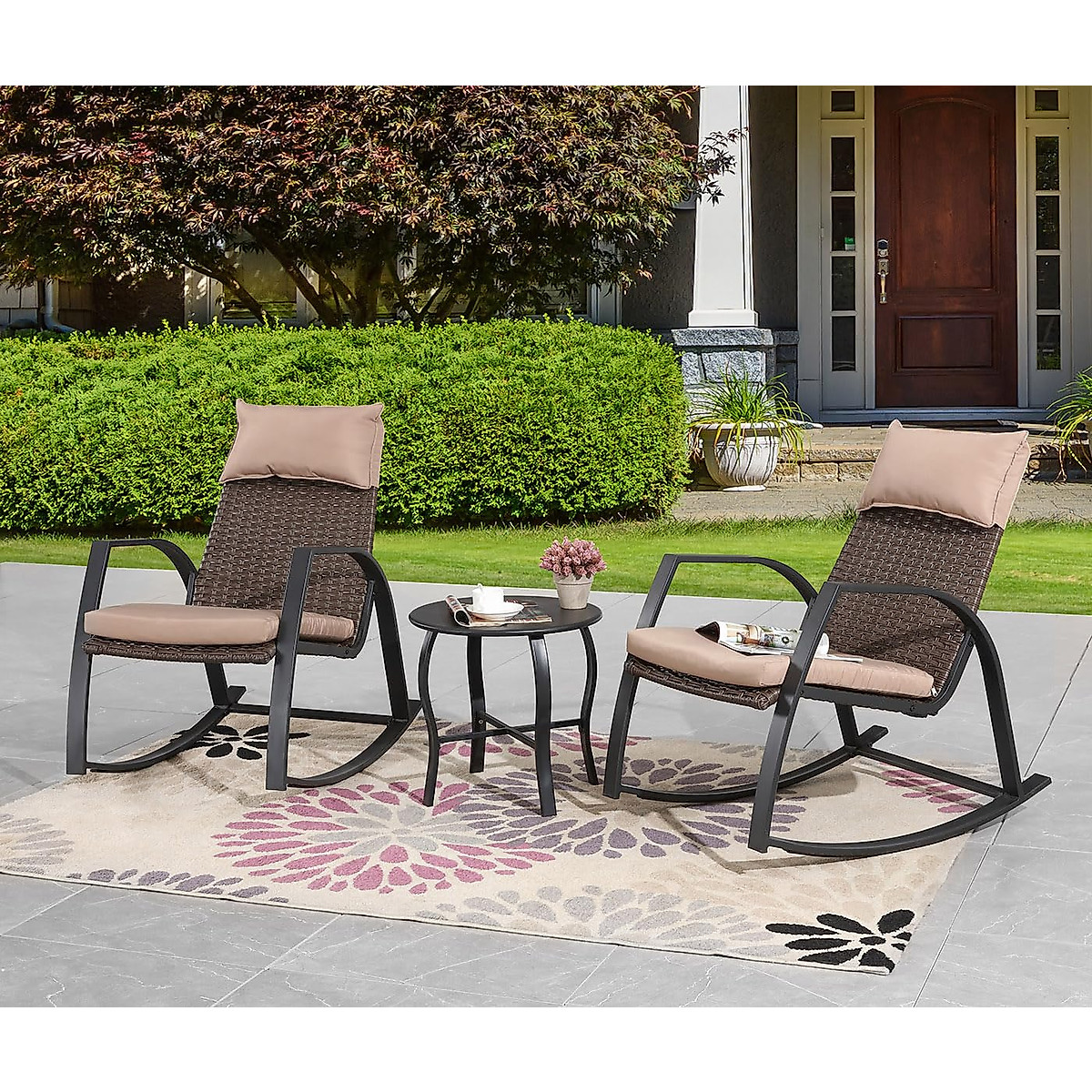 ARTLOFT 3 Piece Rocking Chairs Wicker Outdoor Patio Furniture Set Balcony Chairs Conversation Sets with Coffee Table for Porch, Garden, Backyard, Deck (Beige)