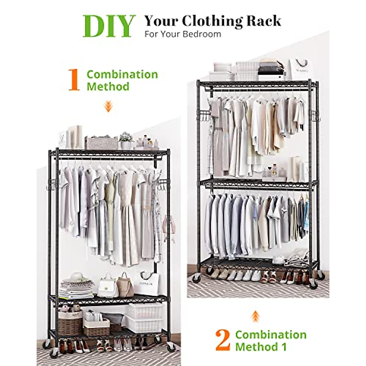 HOKEEPER Heavy Duty Wire Garment Rack Clothes Rack with Shelves and Double Rods, Rolling Clothing Rack for Hanging Clothes, Portable Freestanding Closet Storage Shelves Rack with Wheels and Hooks