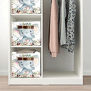 Personalized Watercolor Elephant Flower Canvas Storage Basket with Name Storage Bins Laundry Basket with Handle for Closet Shelf Nursery Bedroom (1 Pack)