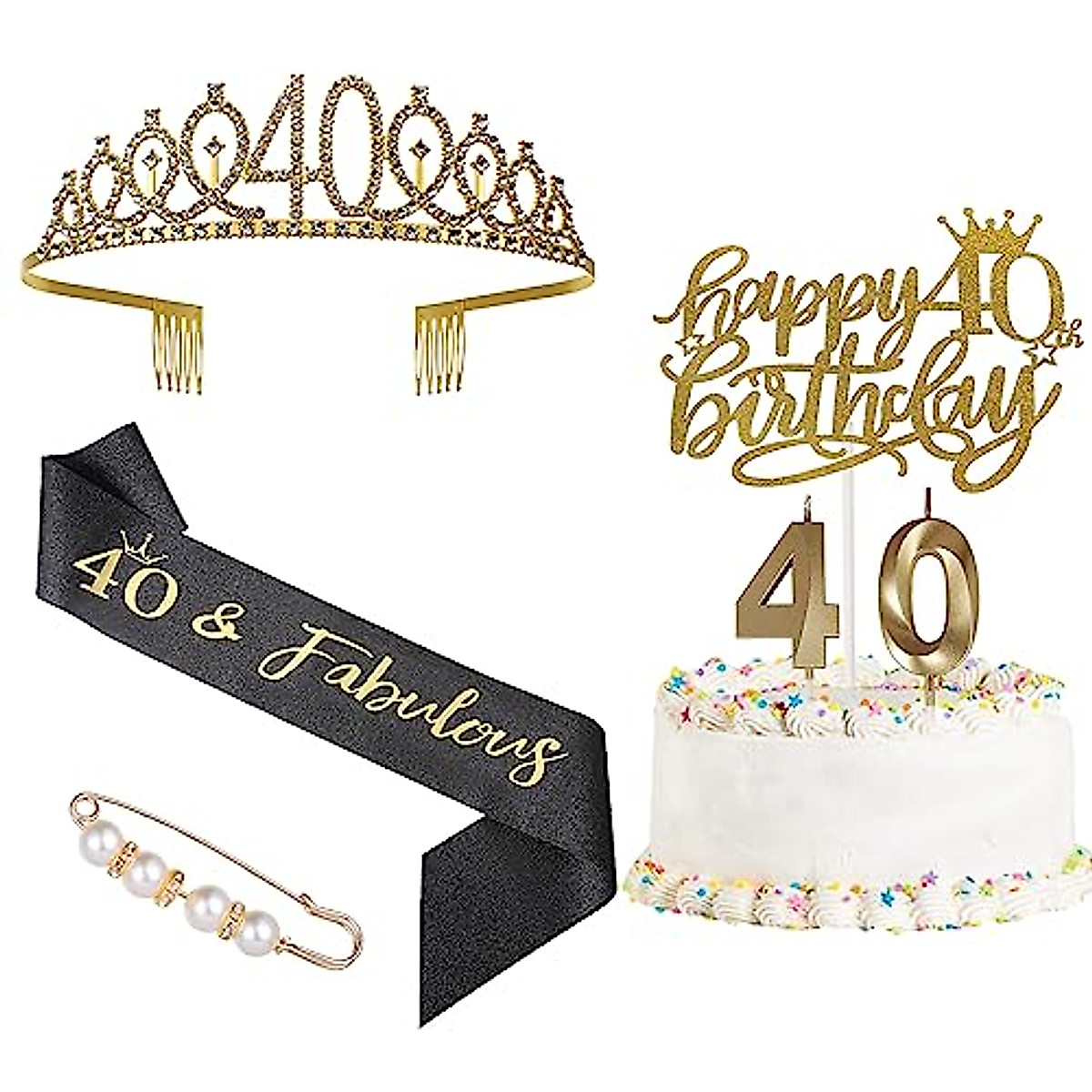 40th Birthday Decorations for Women，Gold 40 Birthday Crown Tiara ，Cake Topper, 40 & Fabulous Birthday Sash with Peal Pin and Birthday Candles Kit,40th Birthday Gifts for Women