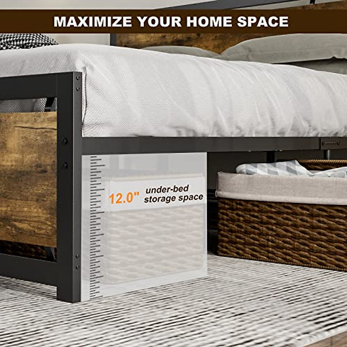 IKIFLY Industrial Metal King Size Bed Frame/Farmhouse Metal Platform Bed with Wooden Headboard Footboard/Heavy Duty Steel Slats Support/No Box Spring Need, Easy Assembly（King, Rustic Brown）