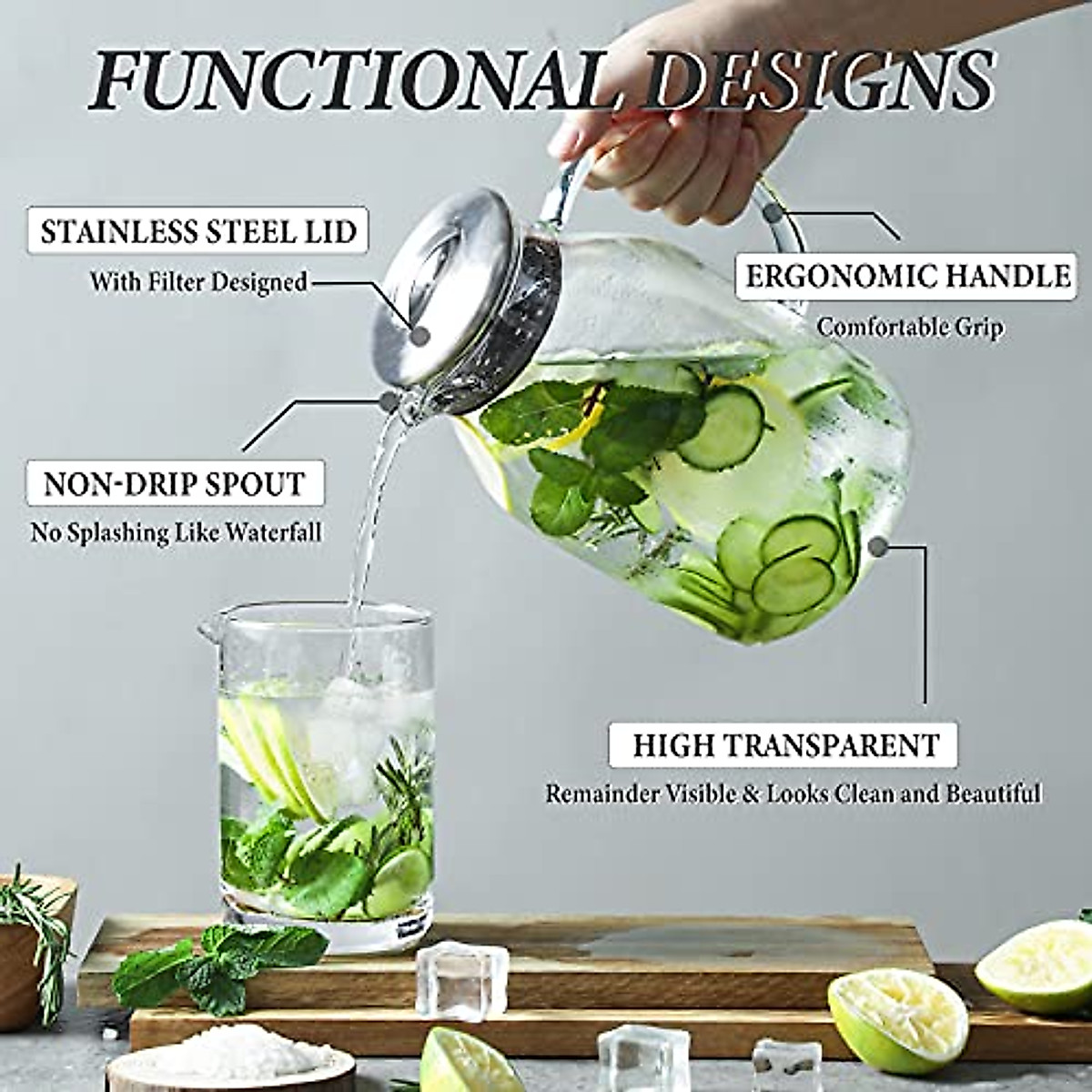 Hiware Glass Pitcher with Lid and Spout - 68 OZ Water Pitcher for Hot/Cold Water & Iced Tea, 18/8 Stainless Steel Lid, High Heat Resistance, 100% Lead-free Clear