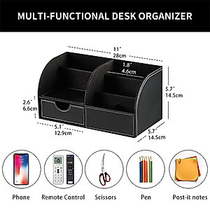 Desk Organizer, PU Leather Desktop Organizers and Accessories, Office Supplies Multi-Functional Caddy Storage with 6 Compartments and 1 Drawer, Workspace Organizer for Office Home School Classroom